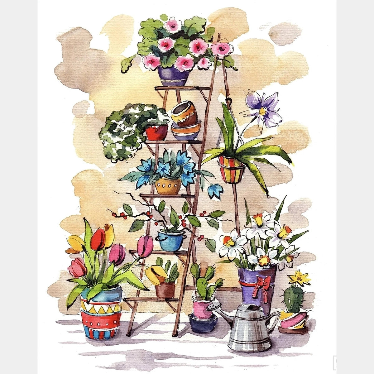 Ladder with Flowers Diamond Painting Kit - Colorful Watercolor Art